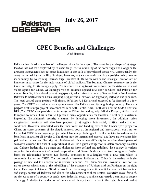 (PDF) CPEC Benefits and Challenges Unknown