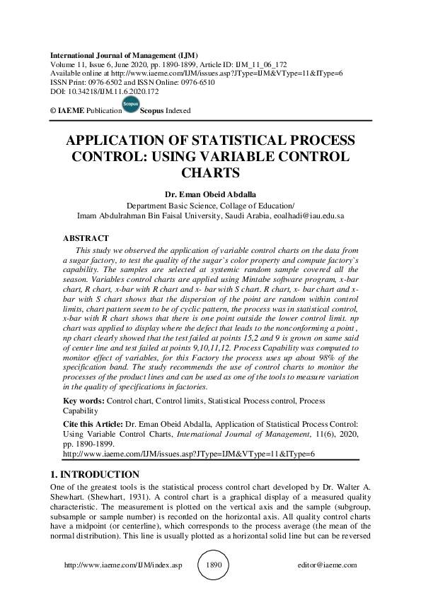 Pdf Application Of Statistical Process Control Using Variable Control Charts