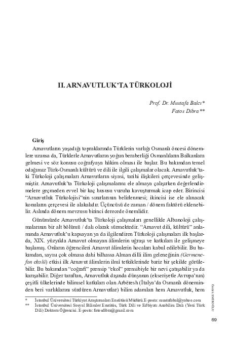 (PDF) Arnavutluk'ta Türkoloji - Mustafa Balcı, Fatos Dibra (2020)