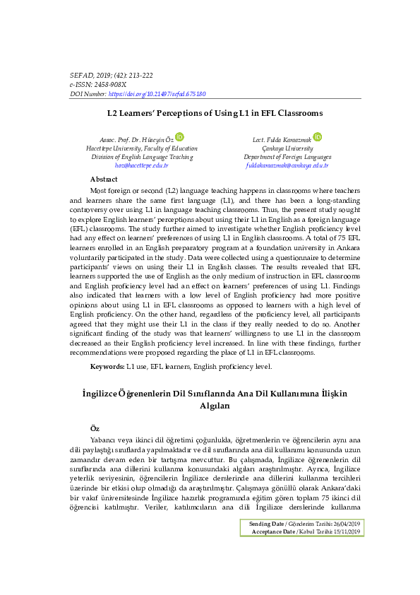 (PDF) (42/13) L2 Learners’ Perceptions of Using L1 in EFL Classrooms / İngilizce Öğrenenlerin ...