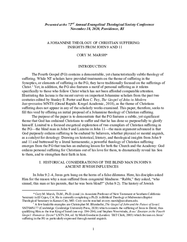 (PDF) A Johannine Theology of Christian Suffering: Insights from John 9 ...