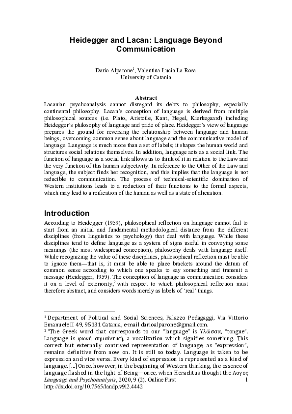 (PDF) Heidegger and Lacan: Language Beyond Communication