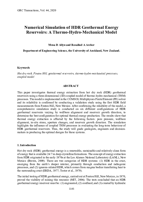 (PDF) Numerical Simulation of HDR Geothermal Energy Reservoirs: A Thermo-Hydro-Mechanical Model