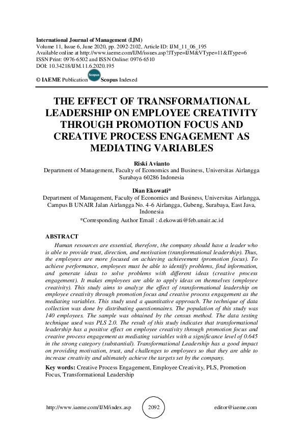 (PDF) THE EFFECT OF TRANSFORMATIONAL LEADERSHIP ON EMPLOYEE CREATIVITY THROUGH PROMOTION FOCUS ...