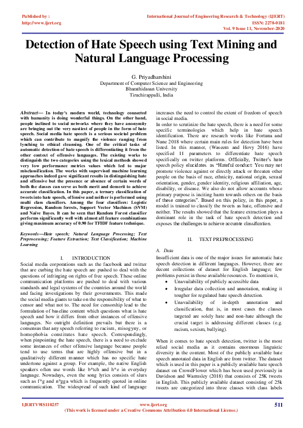 (PDF) IJERT-Detection of Hate Speech using Text Mining and Natural ...
