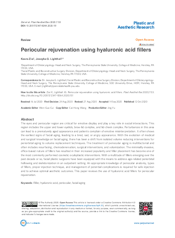 (PDF) Periocular rejuvenation using hyaluronic acid fillers