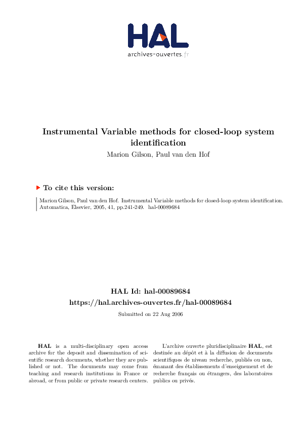 Pdf Instrumental Variable Methods For Closed Loop System Identification