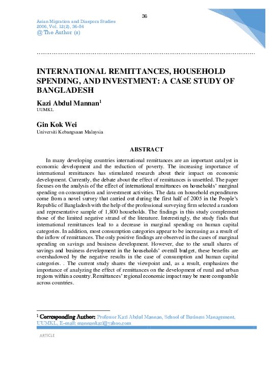 (PDF) INTERNATIONAL REMITTANCES, HOUSEHOLD SPENDING, AND INVESTMENT: A CASE STUDY OF BANGLADESH