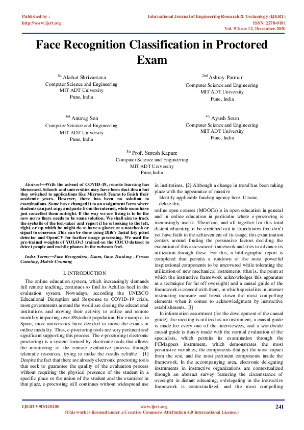 Pdf Eye Tracking For Exam Integrity Via Face Recognition