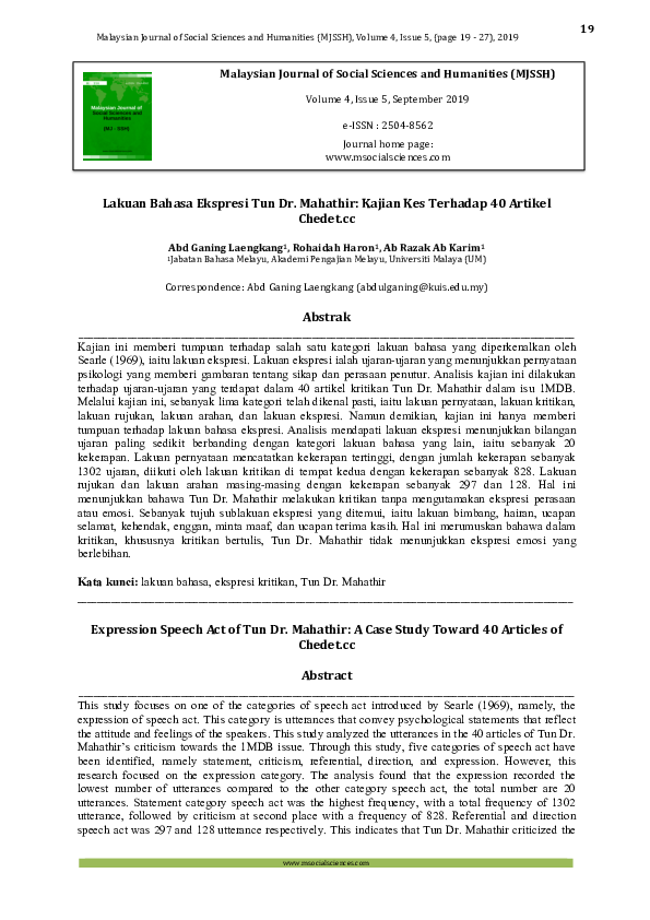 (PDF) Lakuan Bahasa Ekspresi Tun Dr. Mahathir: Kajian Kes Terhadap 40 ...