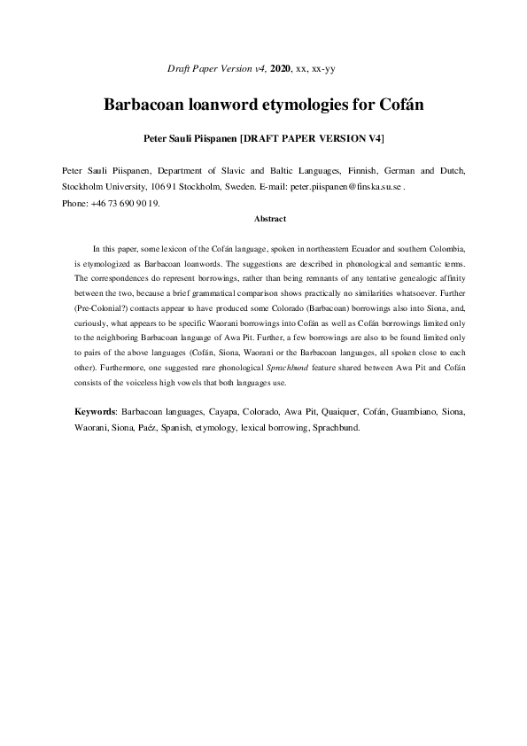 (PDF) Barbacoan etymologies for Cofán