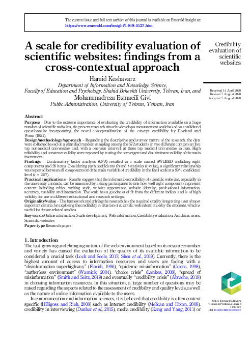 (PDF) A scale for credibility evaluation of scientific websites ...
