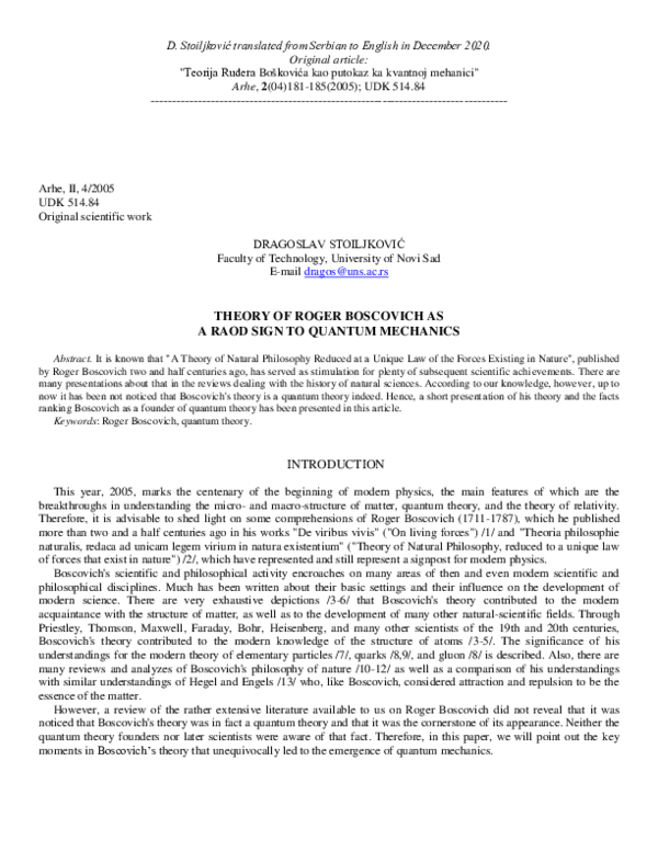 (PDF) THEORY OF ROGER BOSCOVICH AS A RAOD SIGN TO QUANTUM MECHANICS