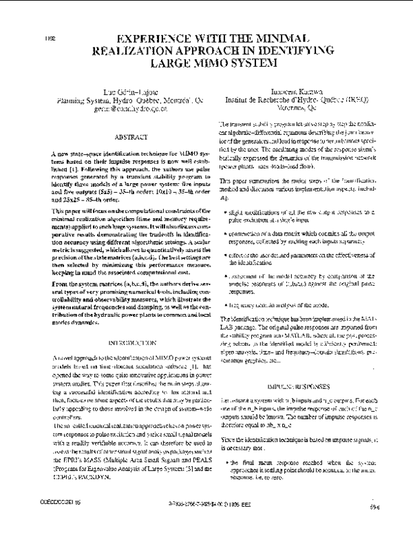 Pdf Experience With The Minimal Realization Approach Identifying Large Mimo System