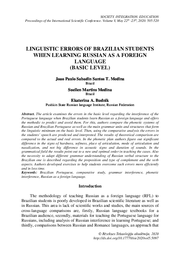 (PDF) LINGUISTIC ERRORS OF BRAZILIAN STUDENTS WHEN LEARNING RUSSIAN AS A FOREIGN LANGUAGE (BASIC ...