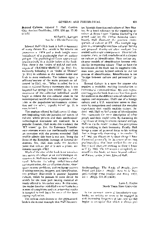 (PDF) General and Theoretical: Beyond Culture. Edward T. Hall