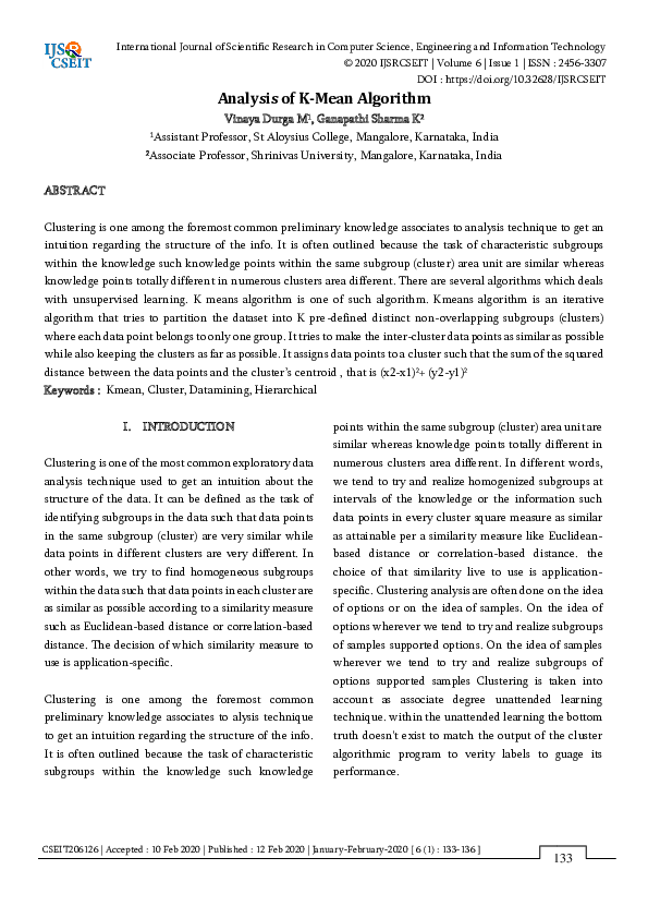 (PDF) Analysis of K-Mean Algorithm