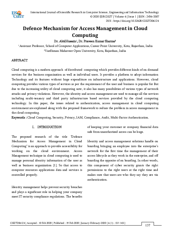 (PDF) Defence Mechanism for Access Management in Cloud Computing