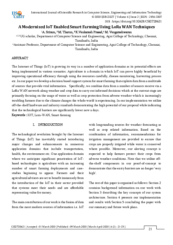 (PDF) A Modernized IoT Enabled Smart Farming Using LoRa WAN Techniques