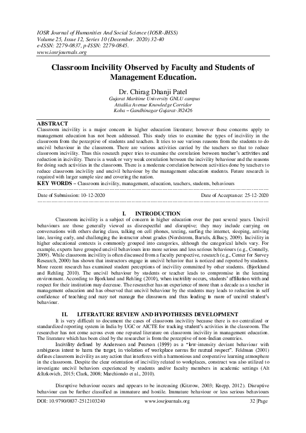 (PDF) Classroom Incivility Observed by Faculty and Students of ...