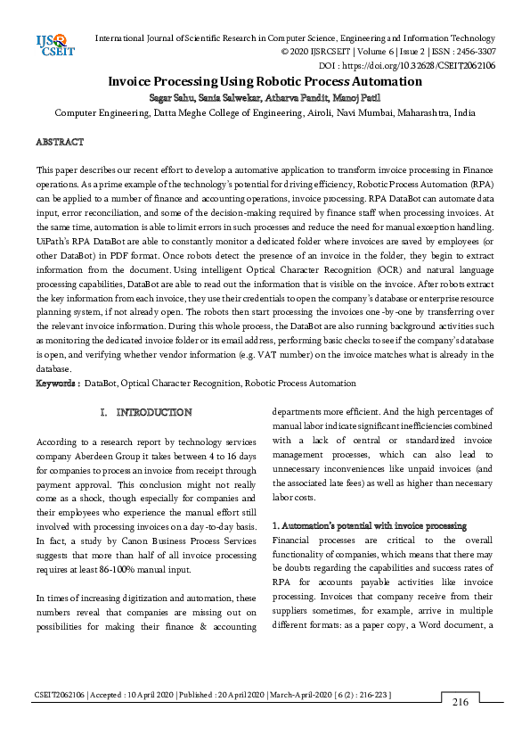 (PDF) Invoice Processing Using Robotic Process Automation