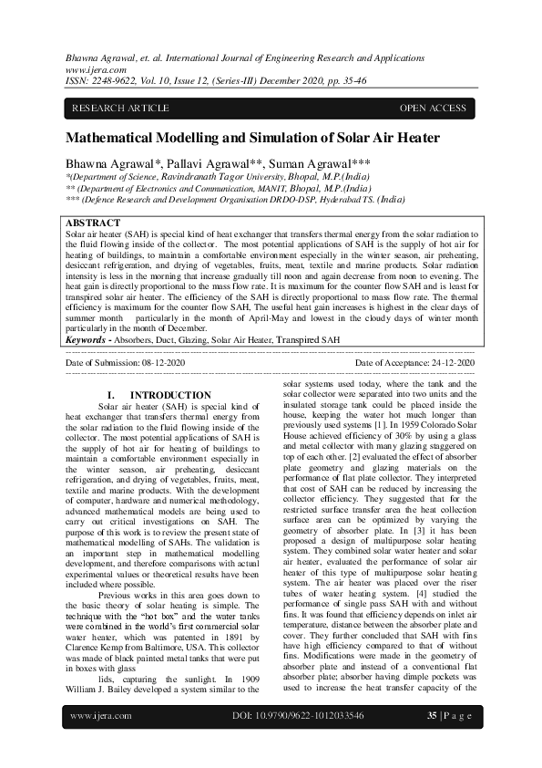 (PDF) Mathematical Modelling and Simulation of Solar Air Heater