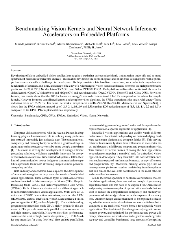 Pdf Benchmarking Vision Kernels And Neural Network Inference Accelerators On Embedded Platforms
