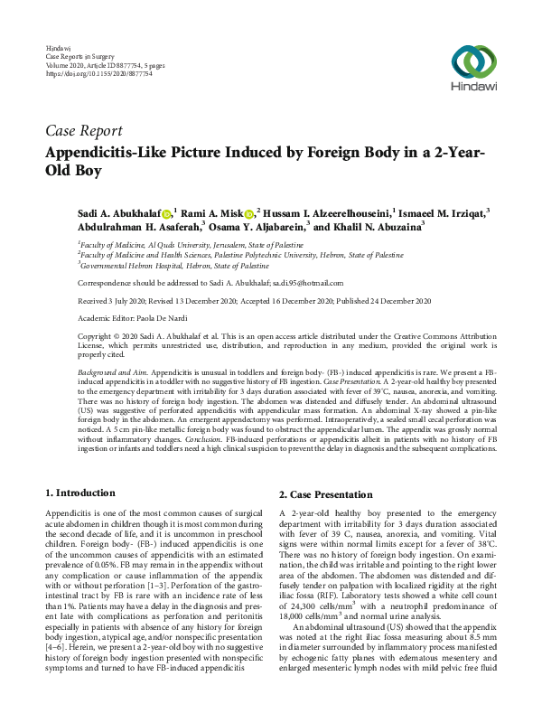 (PDF) Case Report Appendicitis-Like Picture Induced by Foreign Body in ...