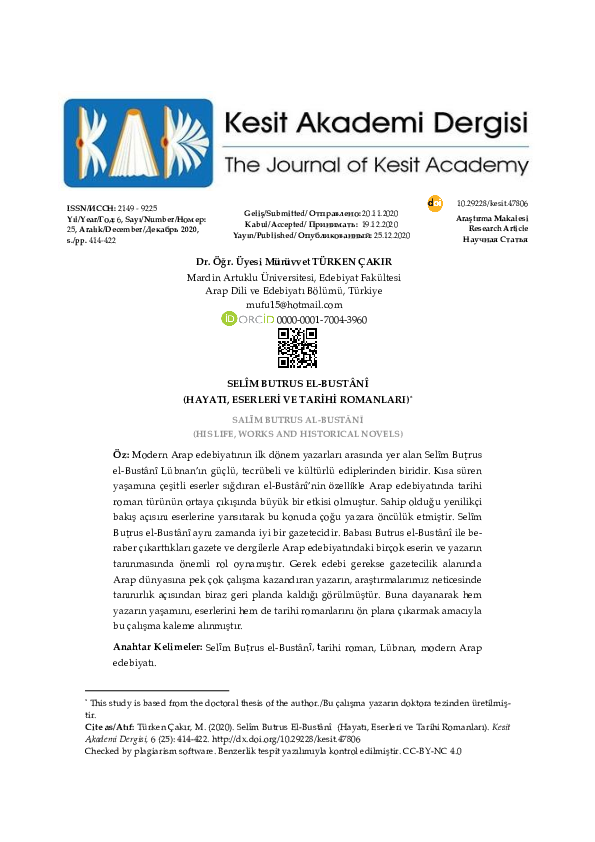 (PDF) SELÎM BUTRUS EL-BUSTÂNÎ (HAYATI, ESERLERİ VE TARİHİ ROMANLARI)
