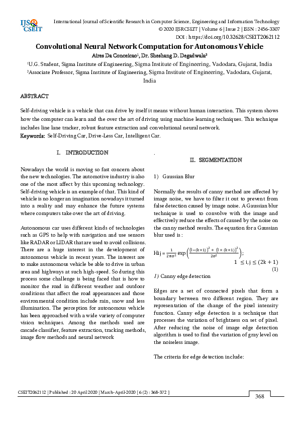 (PDF) Convolutional Neural Network Computation for Autonomous Vehicle