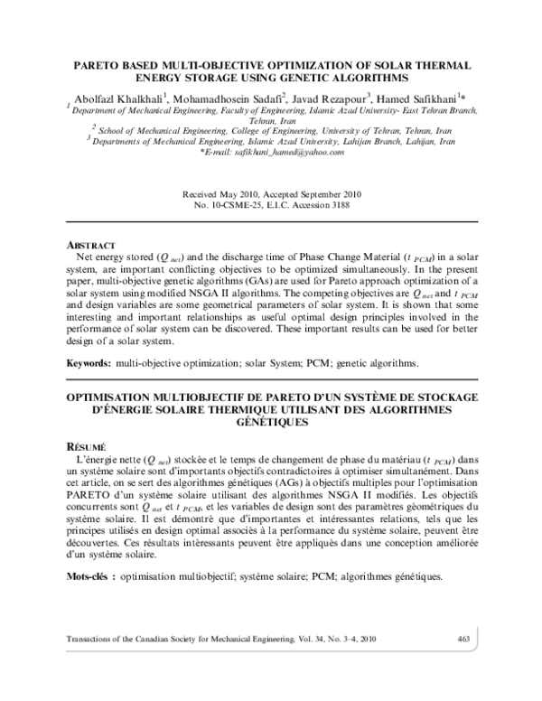 (PDF) PARETO BASED MULTI-OBJECTIVE OPTIMIZATION OF SOLAR THERMAL ENERGY STORAGE USING GENETIC ...