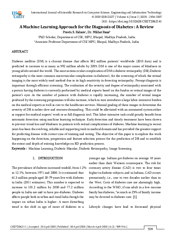 (PDF) A Machine Learning Approach for the Diagnosis of Diabetes : A Review