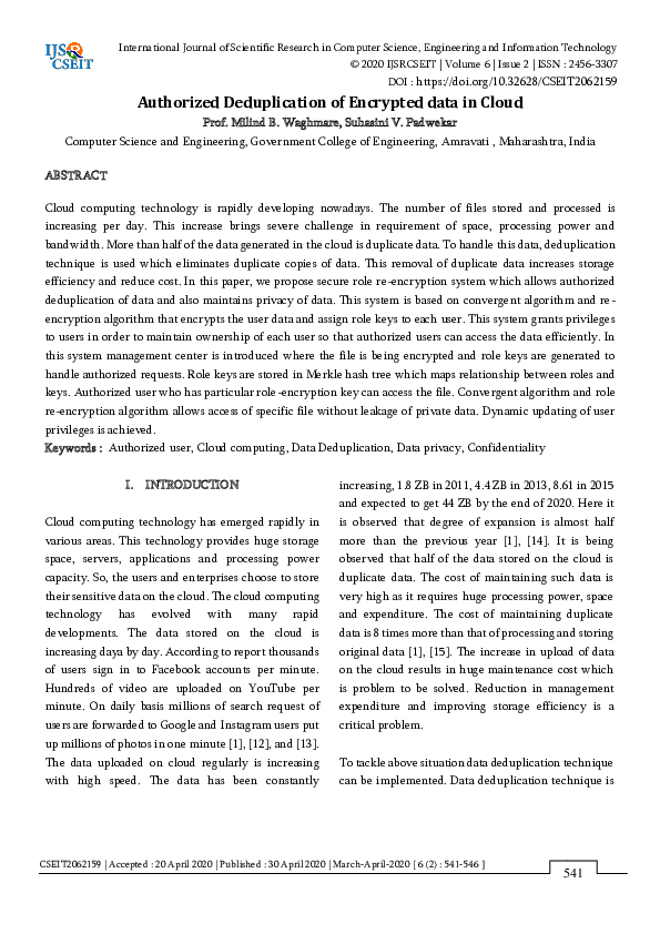 Pdf Authorized Deduplication Of Encrypted Data In Cloud