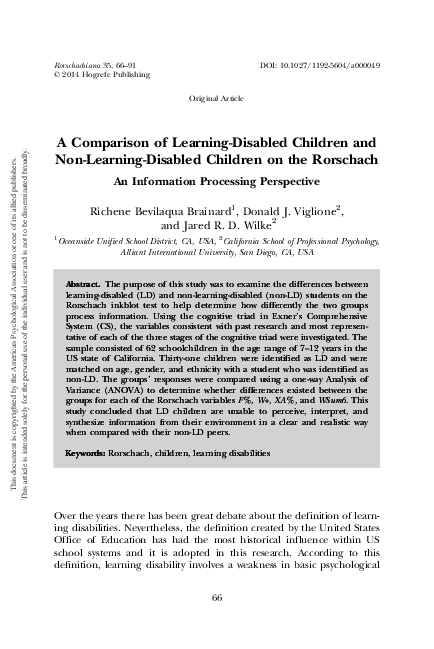 (PDF) A Comparison of Learning-Disabled Children and Non-Learning-Disabled Children on the Rorschach
