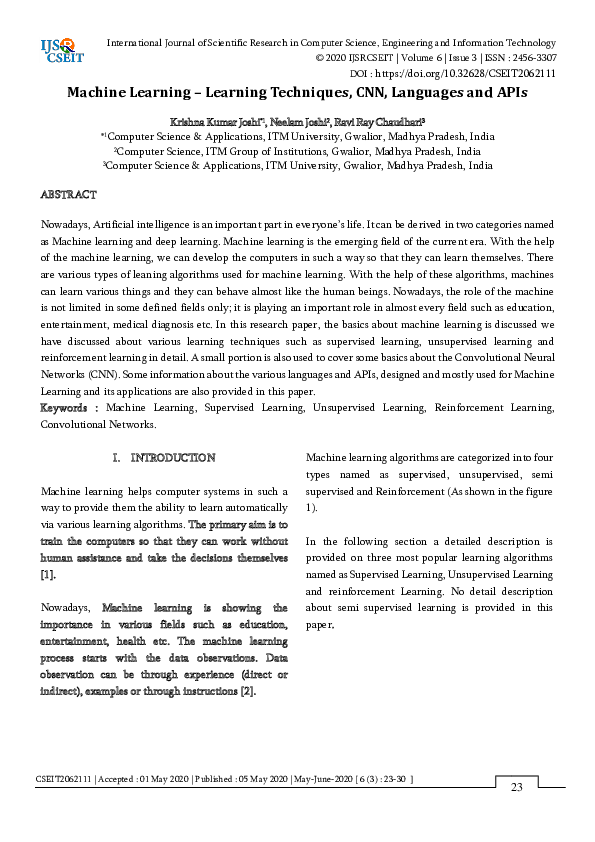 (PDF) Machine Learning - Learning Techniques, CNN, Languages and APIs