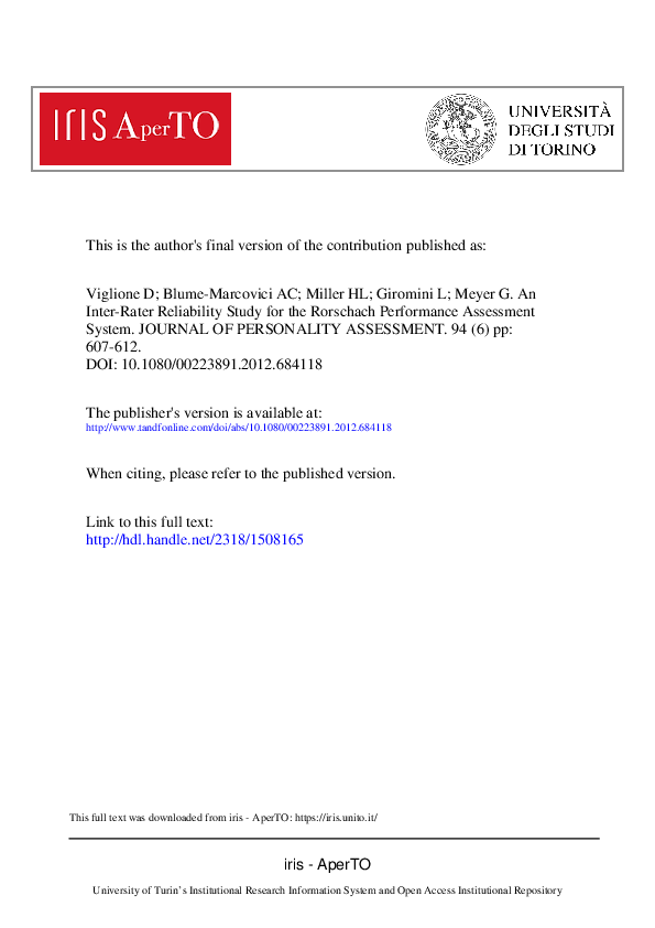 (PDF) An Inter-Rater Reliability Study for the Rorschach Performance ...