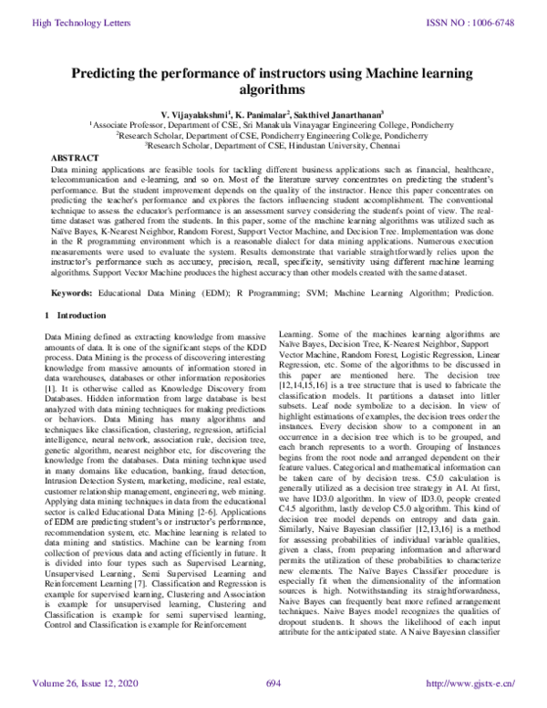 Predicting The Performance Of Instructors Using Machine Learning Algorithms