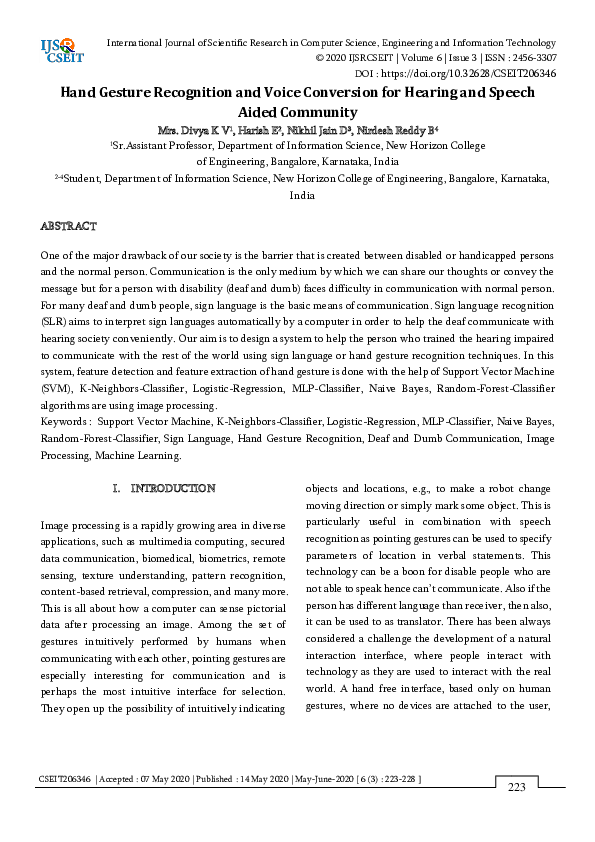 (PDF) Hand Gesture Recognition and Voice Conversion for Hearing and Speech Aided Community ...