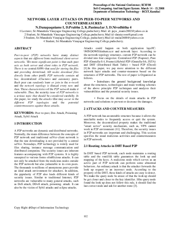 Pdf Network Layer Attacks On Peer To Peer Networks And Countermeasures