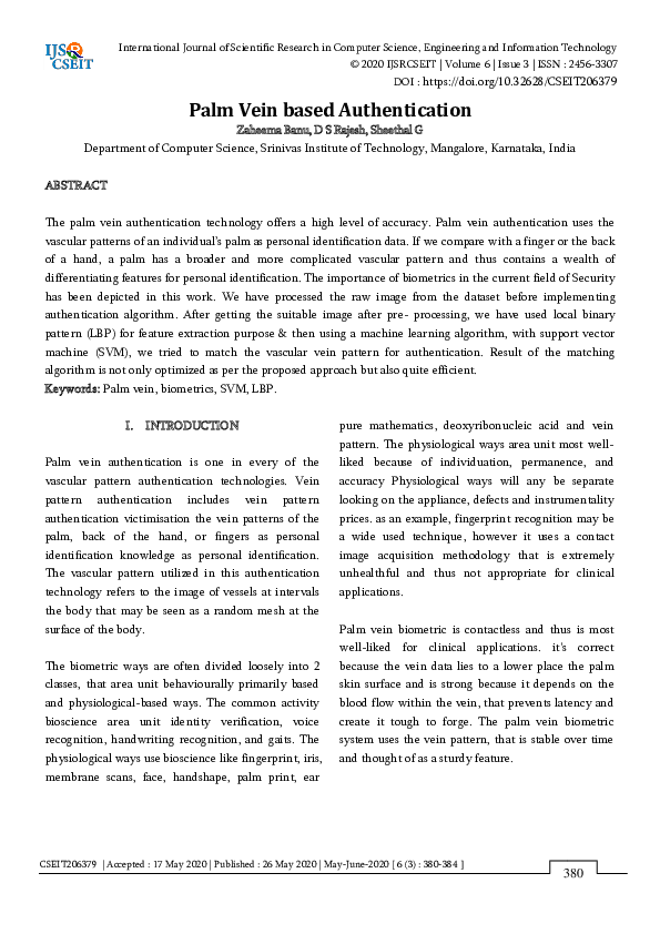 (PDF) Palm Vein based Authentication