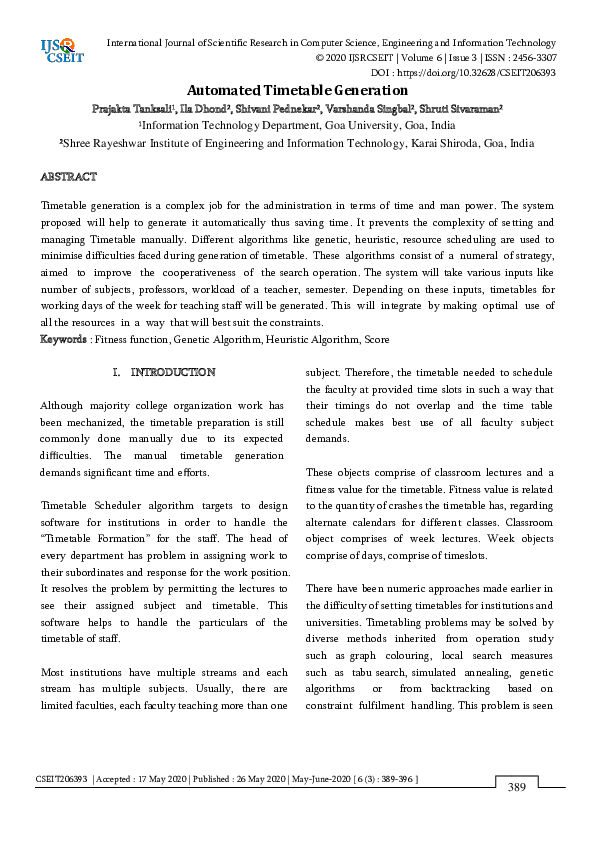 (PDF) Automated Timetable Generation (PDF) Automated Timetable Generation