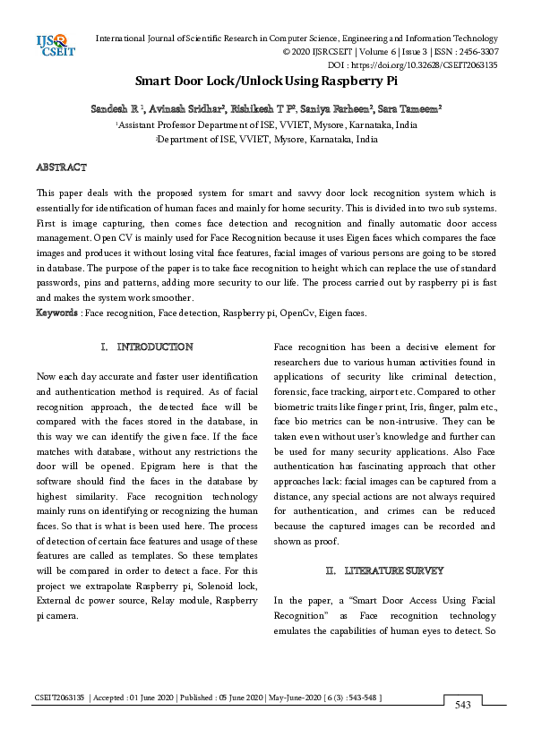 (PDF) Smart Door Lock/Unlock Using Raspberry Pi
