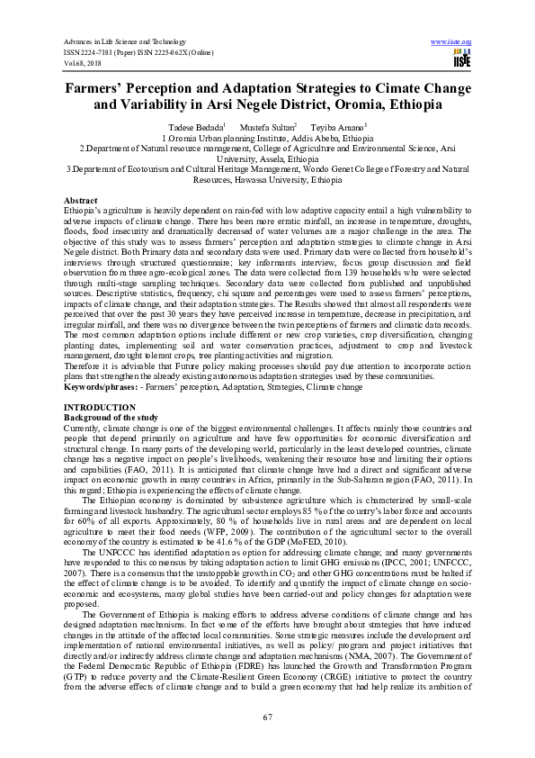 (PDF) Farmers' Perception and Adaptation Strategies to Cimate Change and Variability in Arsi ...