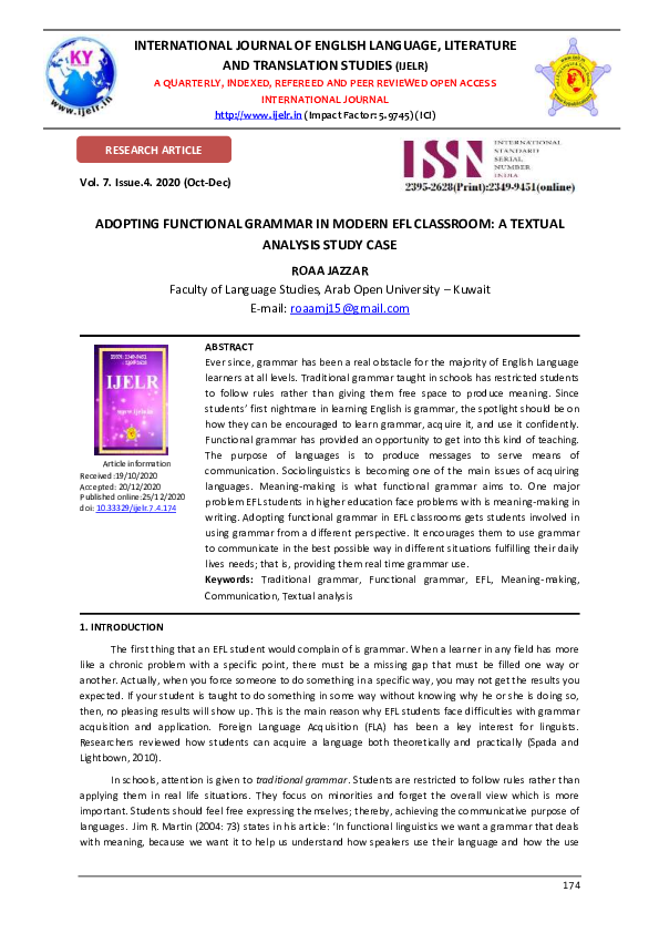 (PDF) ADOPTING FUNCTIONAL GRAMMAR IN MODERN EFL CLASSROOM: A TEXTUAL ...