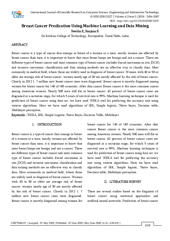 Pdf Breast Cancer Predication Using Machine Learning And Data Mining