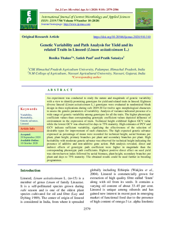 Pdf Genetic Variability And Path Analysis For Yield And Its Related Traits In Linseed Linum