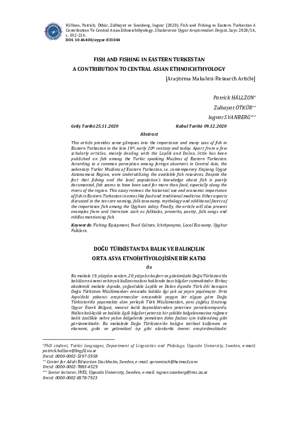 (PDF) FISH AND FISHING IN EASTERN TURKESTAN: A CONTRIBUTION TO CENTRAL ...
