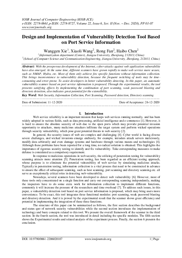 Pdf Design And Implementation Of Vulnerability Detection Tool Based On Port Service Information
