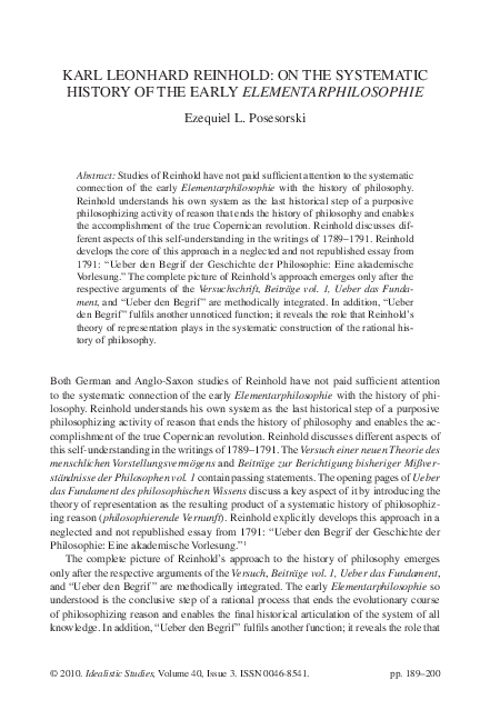 (PDF) Karl Leonhard Reinhold: On the Systematic History of the Early ...