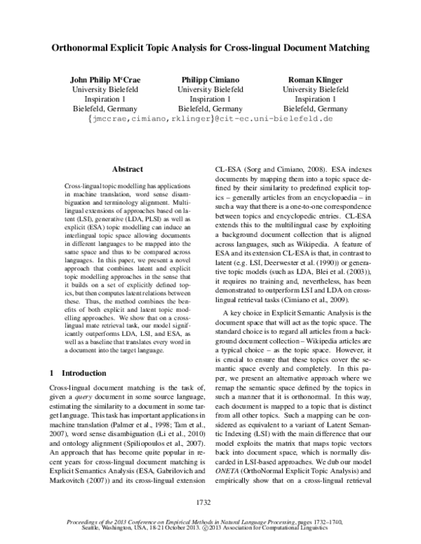 (PDF) Orthonormal explicit topic analysis for cross-lingual document matching